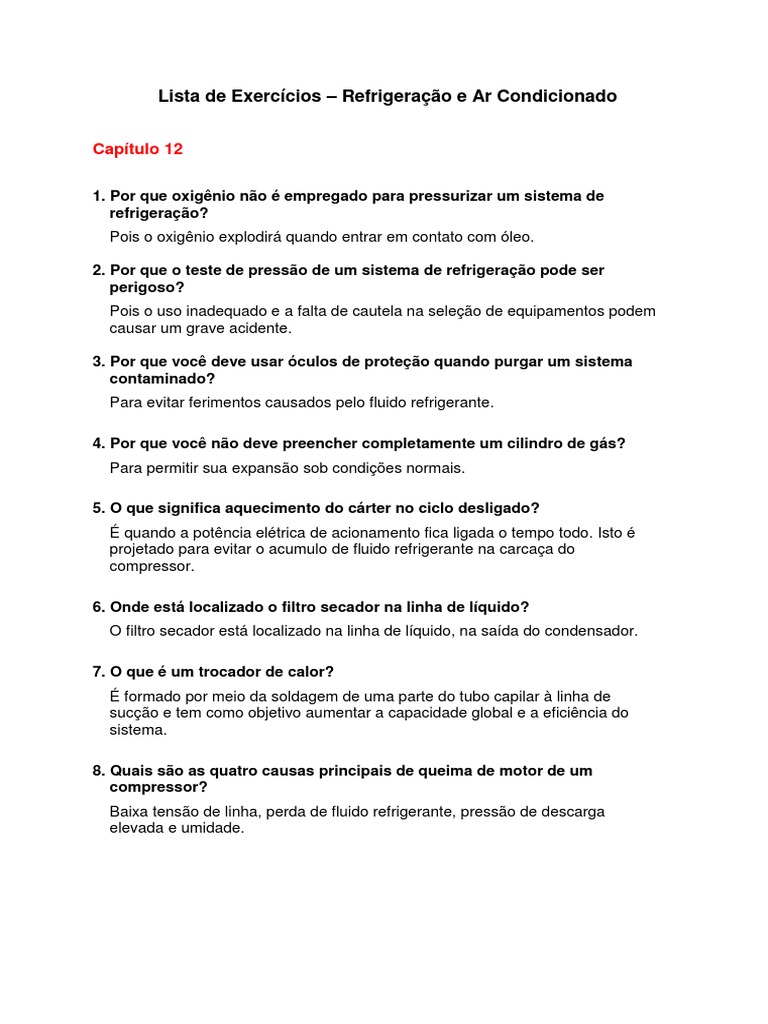 (Cap. 12) Lista de Exercícios - Refrigeração e Ar Condicionado | PDF