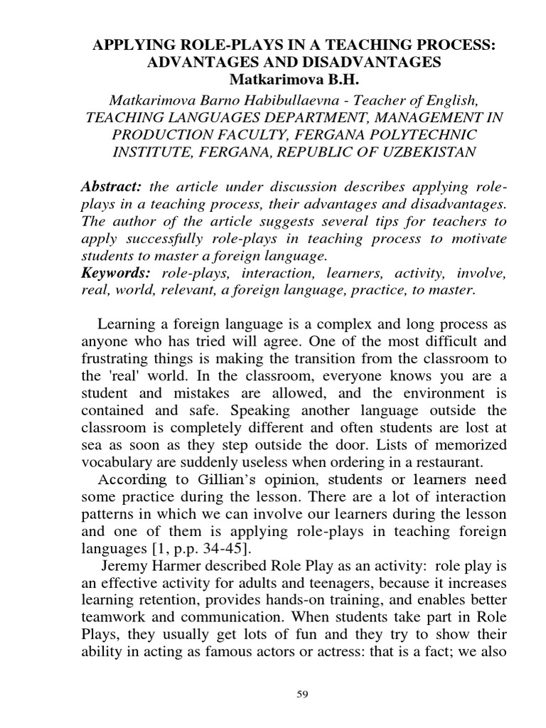 Applying Role Plays in A Teaching Process Advantages and Disadvantages ... Applying Role Plays in A Teaching Process Advantages and Disadvantages ...