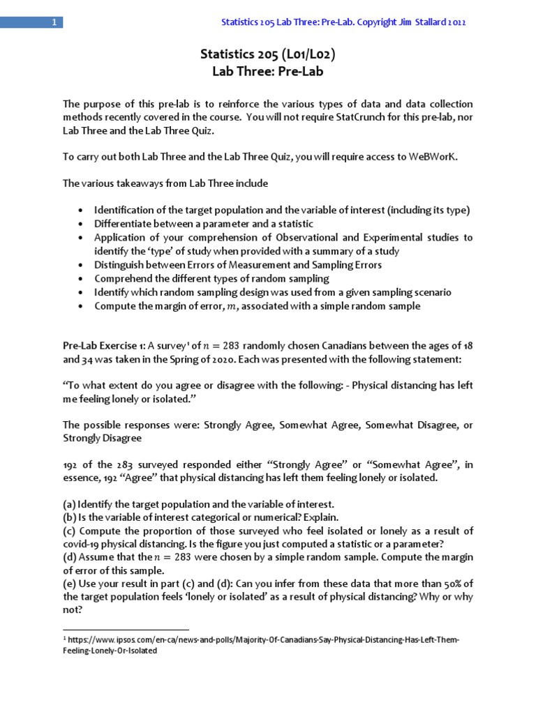 Stat 205 Pre Lab Three | PDF | Sampling (Statistics) | Experiment