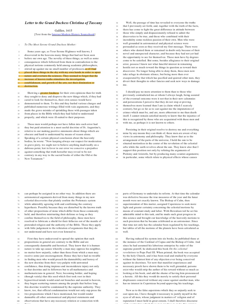 Letter To The Grand Duchess Christina by Galileo Galilei | PDF | Reason ...