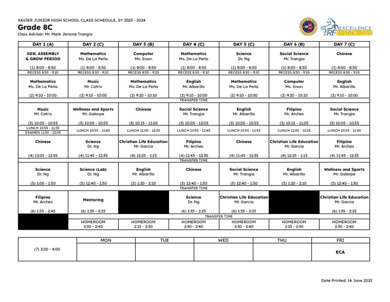 Xavier Junior High 8C Class Schedule | PDF | Science