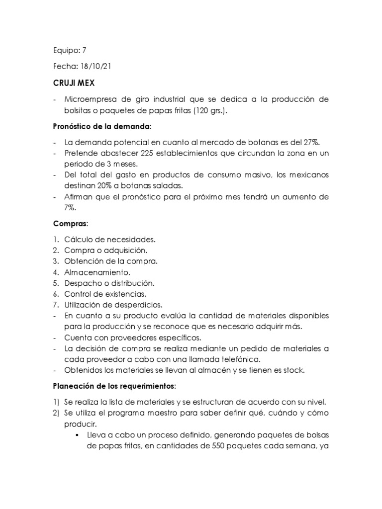 Producción y logística de papas fritas CRUJI MEX | PDF | Inventario ...