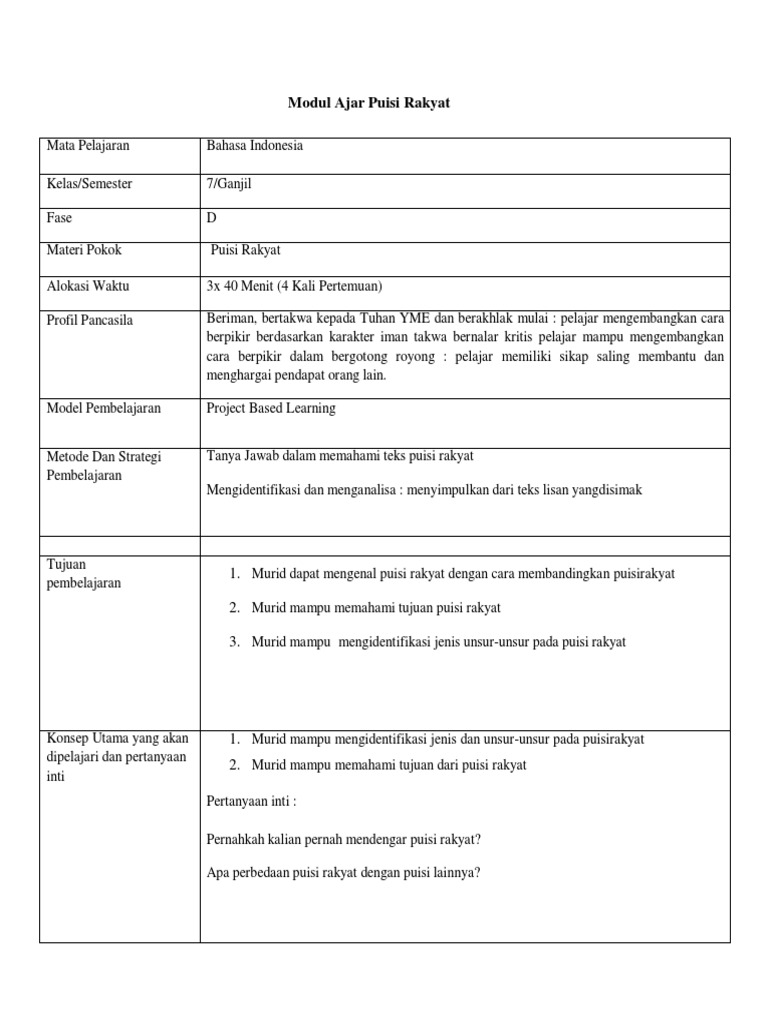 Modul Ajar Puisi Rakyat | PDF