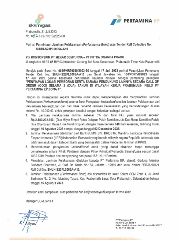 Surat No.1052PHR705102023-S0 TGL 31 Juli 2023 - Permintaan Jaminan ...