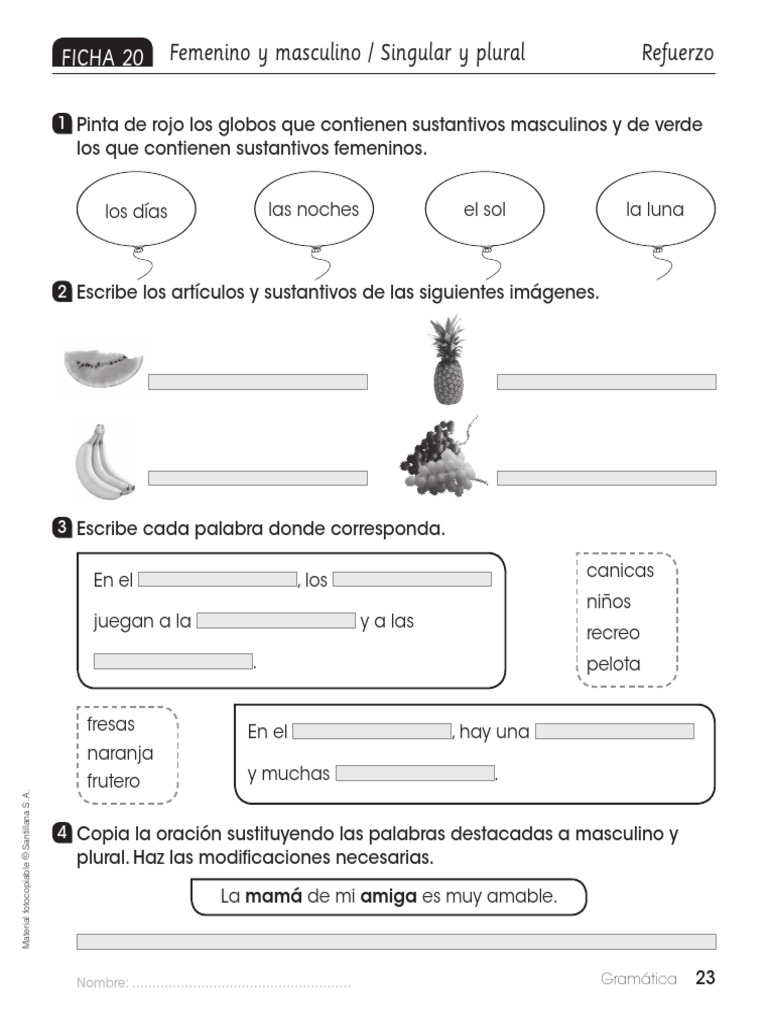 FICHA SANTILLANA. FEMENINO Y MASCULINO - SINGULAR Y PLURAL | PDF