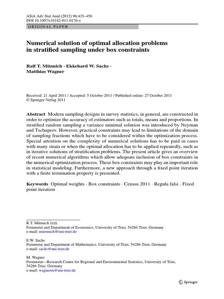 Numerical Solution of Optimal Allocation Problems in Stratified Sampling Under Box Constraints ...