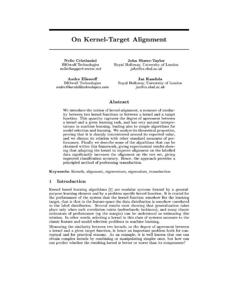 On Kernel-Target Alignment | PDF | Cluster Analysis | Machine Learning