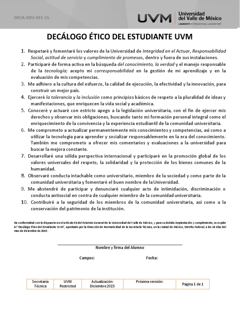 Decálogo Ético del Estudiante UVM | PDF | Ciencias sociales