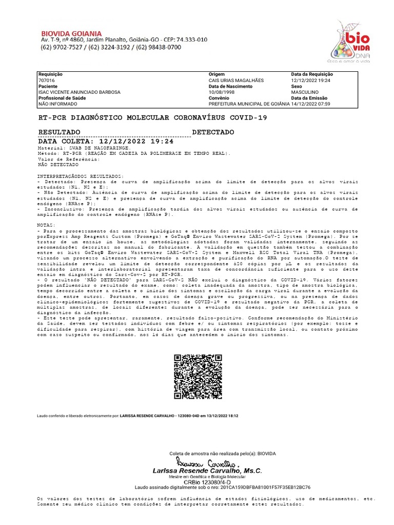 RT-PCR Diagnóstico Molecular Coronavírus Covid-19 Resultado Detectado ...