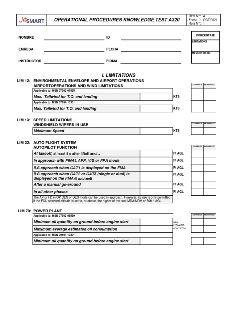 Operational Procedures Knowledge Test A320 (Sep 2021) | PDF