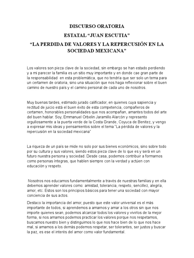 Discurso Sobre La Perdida de Valores en La Sociedad y Su Repercusion en ...