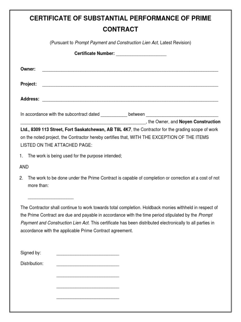 Certificate of Substantial Performance of Prime Contract | PDF ...