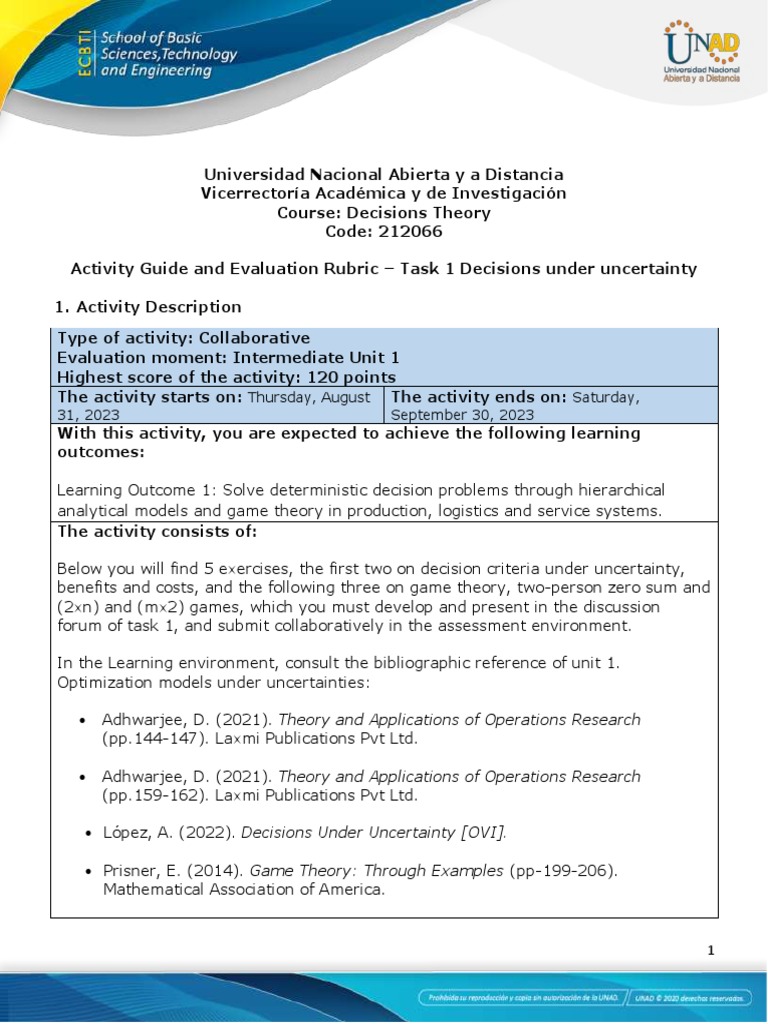 Activity Guide and Evaluation Rubric - Unit 1 - Task 1 - Decisions Under Uncertainty | PDF