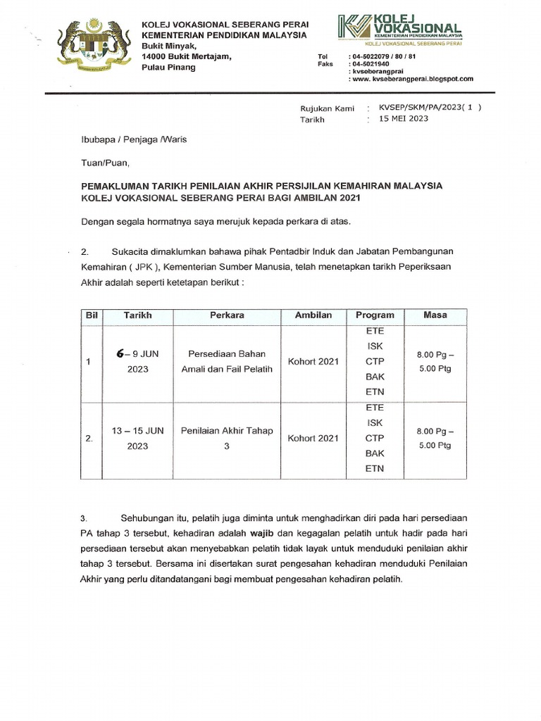 Surat Makluman SKM Kohort 2021 (2023) | PDF