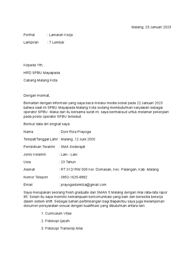 Surat Lamaran Kerja Operator SPBU | PDF | Karier & Perkembangan | Gaya ...