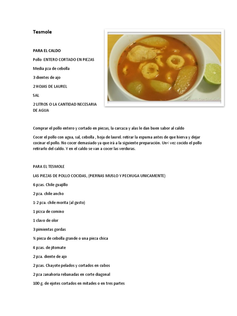Receta de Tesmole de Pollo Rojo | PDF | Caldo | Alimentos