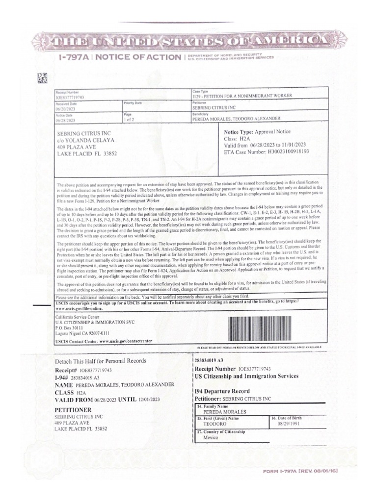 I-797a Notice of Action Department of Homeland Security U. S ...