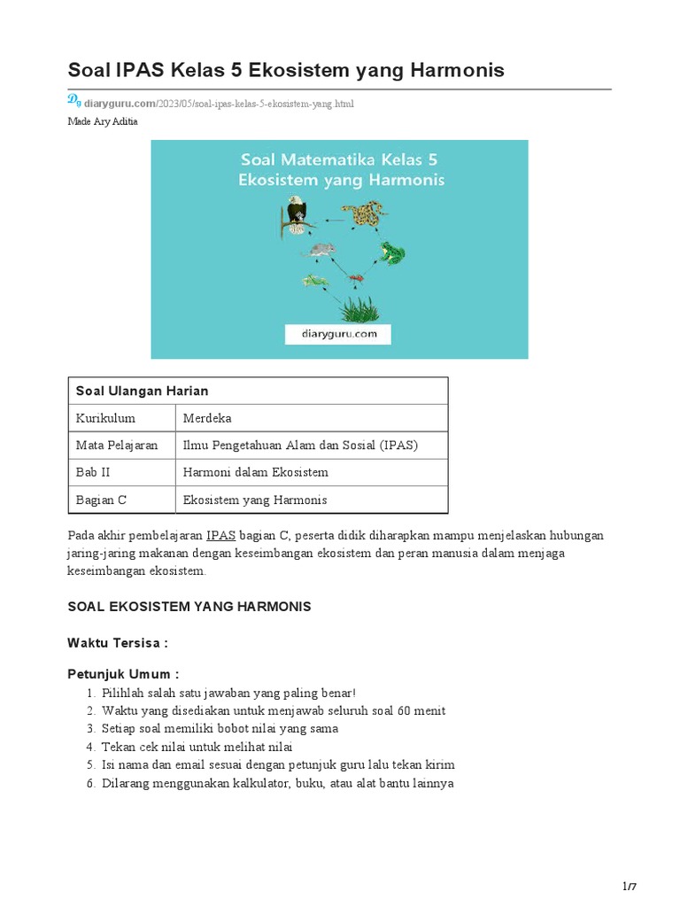 Soal IPAS Kelas 5 Ekosistem Yang Harmonis | PDF