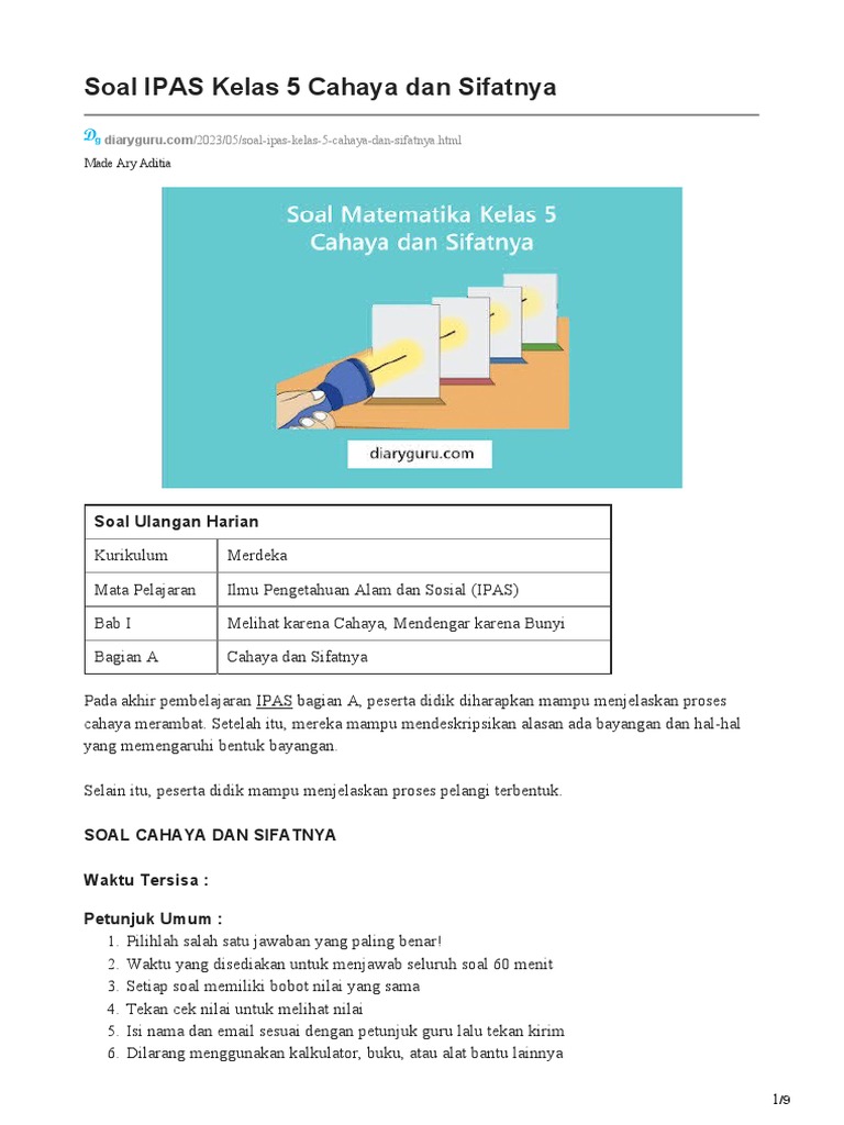 Soal IPAS Kelas 5 Cahaya Dan Sifatnya | PDF