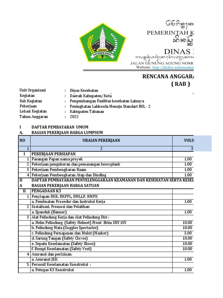 RAB Peningkatan Labkesda Tabanan 2022 | PDF