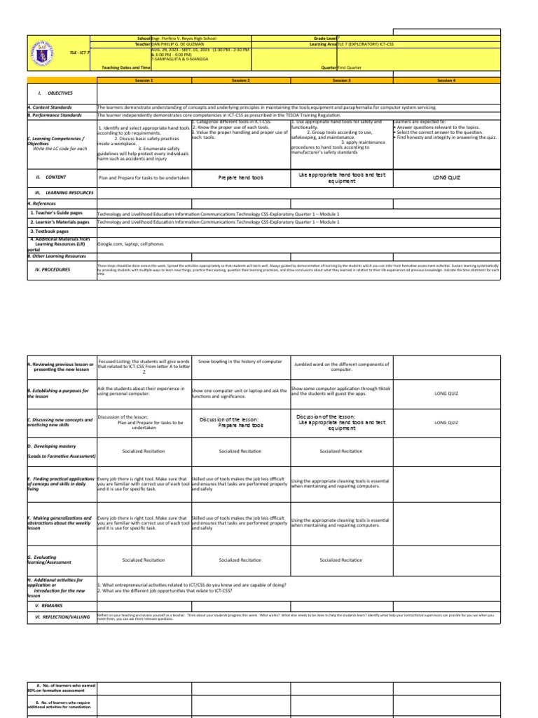 DLL Ict 7 Week 1 | PDF | Learning | Educational Assessment