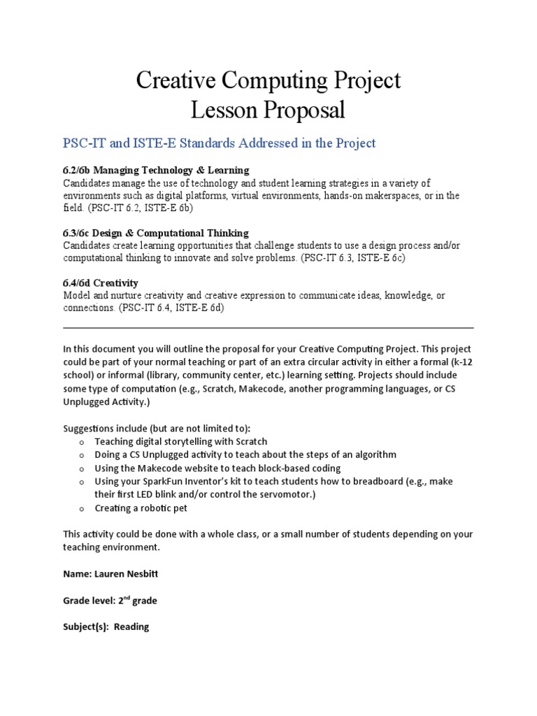 Creative Computing Project Lesson Proposal | PDF | Scratch (Programming Language) | Creativity