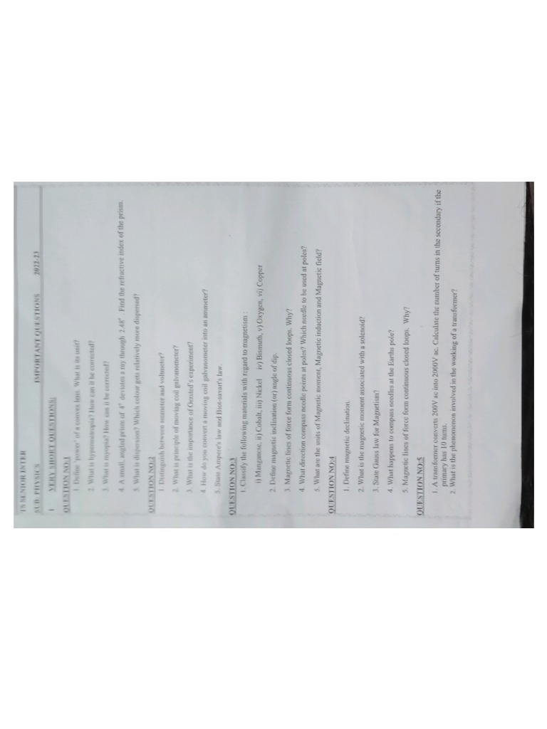 SR Inter Physics Important Questions | PDF