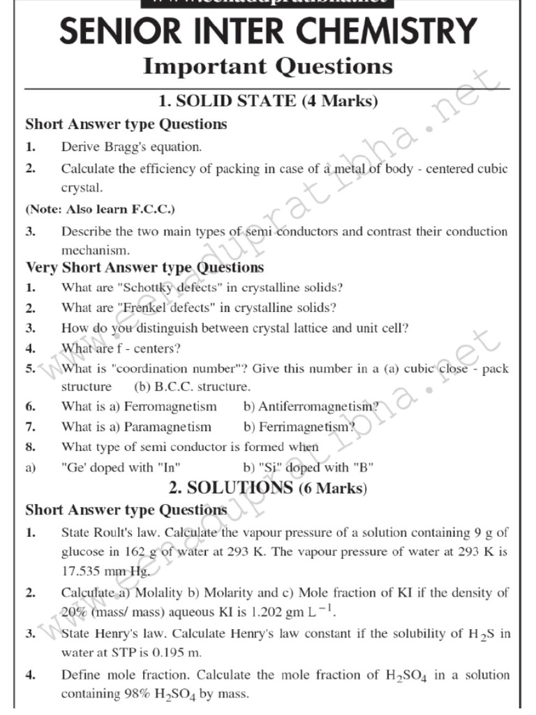 SR Chemistry Important Questions | PDF