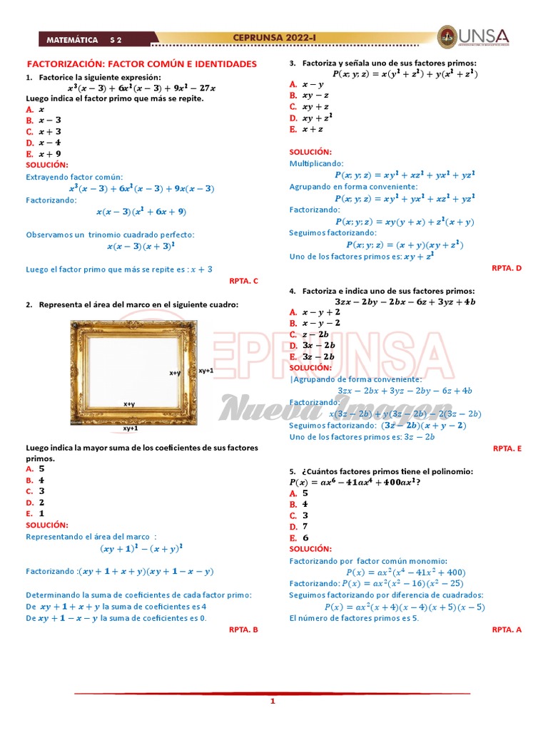 Semana 02 Solucionario - Matematica | PDF | Factorización | Análisis numérico