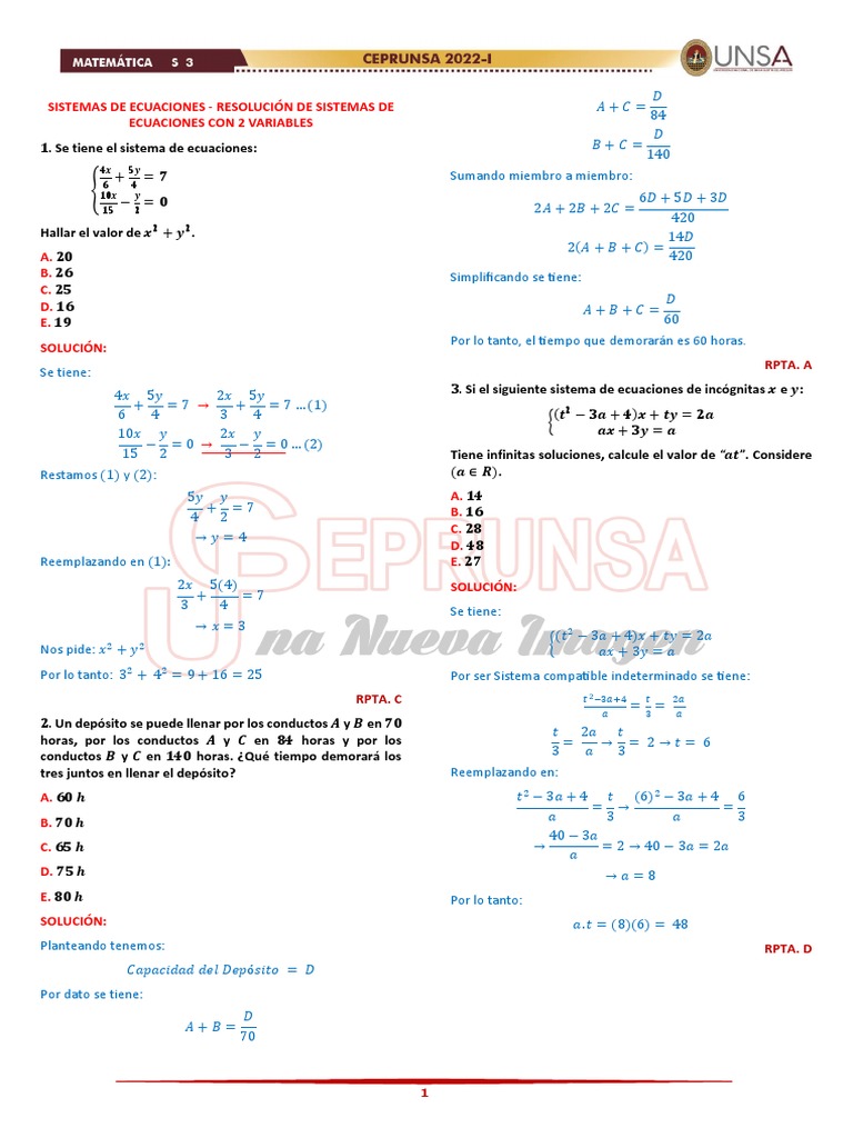 Semana 03 Solucionario - Matematica | PDF | Ecuaciones | Conceptos matemáticos