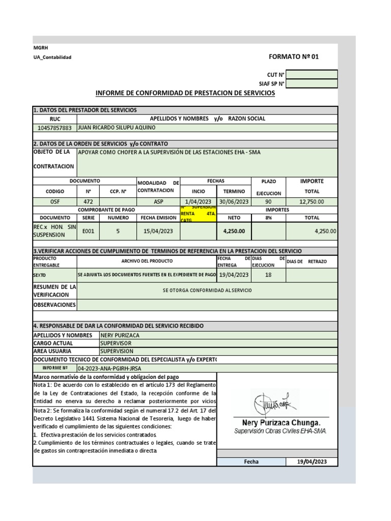 Formato 01F de Conformidad - Abril 2023 Juan Ricardo Silupu | PDF