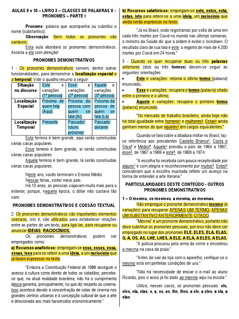 Aulas 9 e 10 - Livro 3 - Pronomes - Parte I - Pronomes Demonstrativos | PDF | Pronome