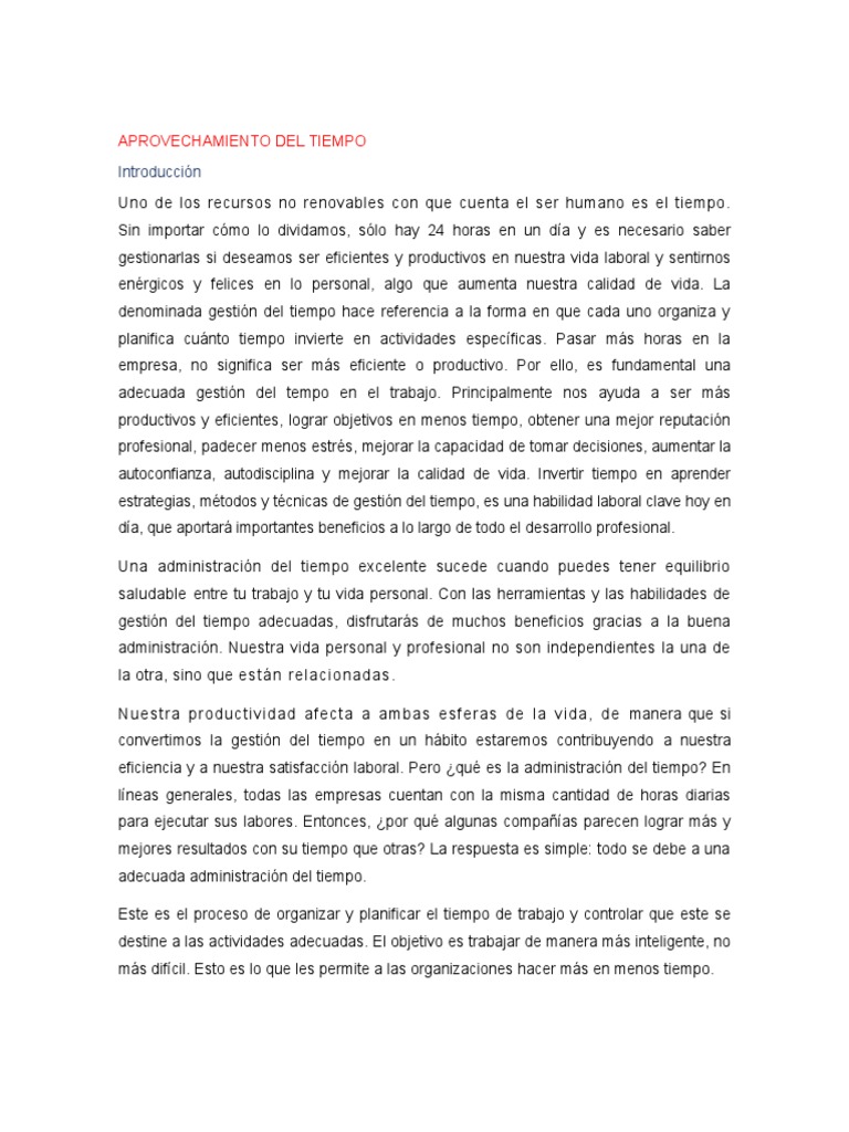 APROVECHAMIENTO DEL TIEMPO Tarea 2 | PDF