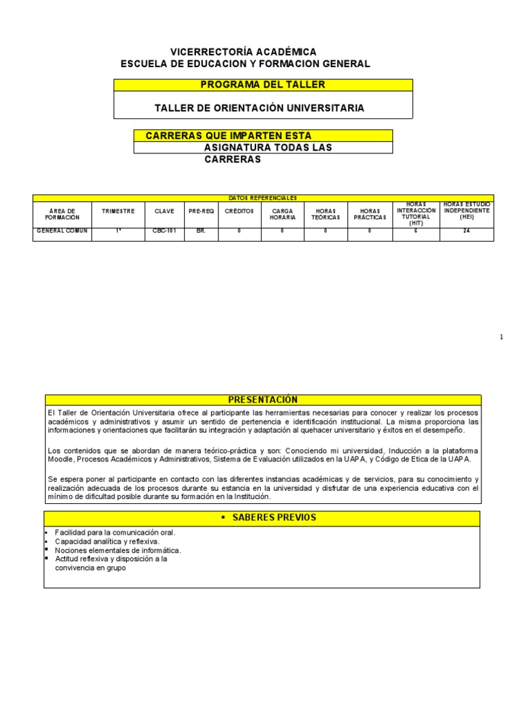Programa Taller de Orientacion Final Nuevo Formato | PDF | Moodle | Evaluación