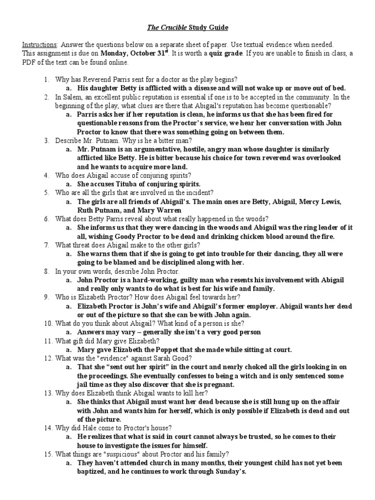 Act 1 Study Guide for The Crucible | PDF | Social Science | Religion ...