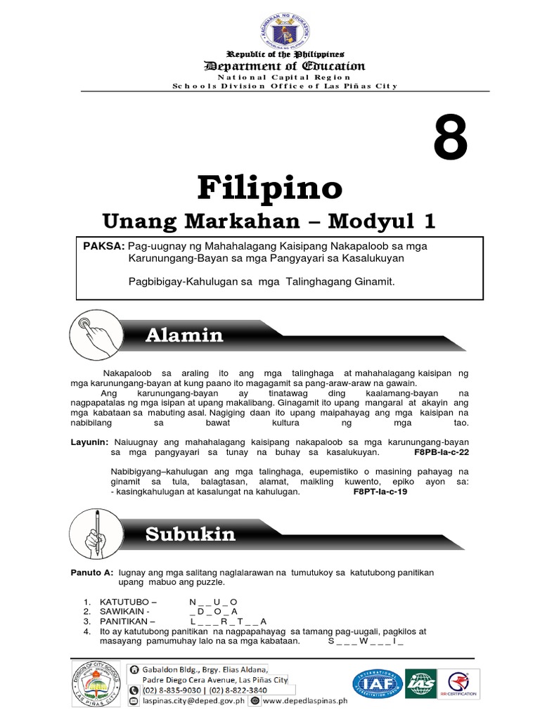 ADM Module 1 4 FILIPINO 8 Unang Markahan Short Bond Paper 1 | PDF