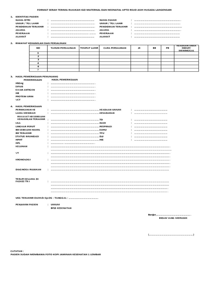 Format Serah Terima Rujukan IGD Maternal RSUD Asih Husada | PDF