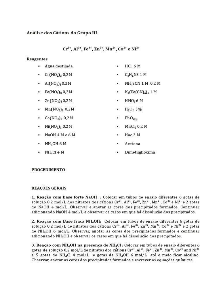 Análise Dos Cátions Do Grupo III | PDF