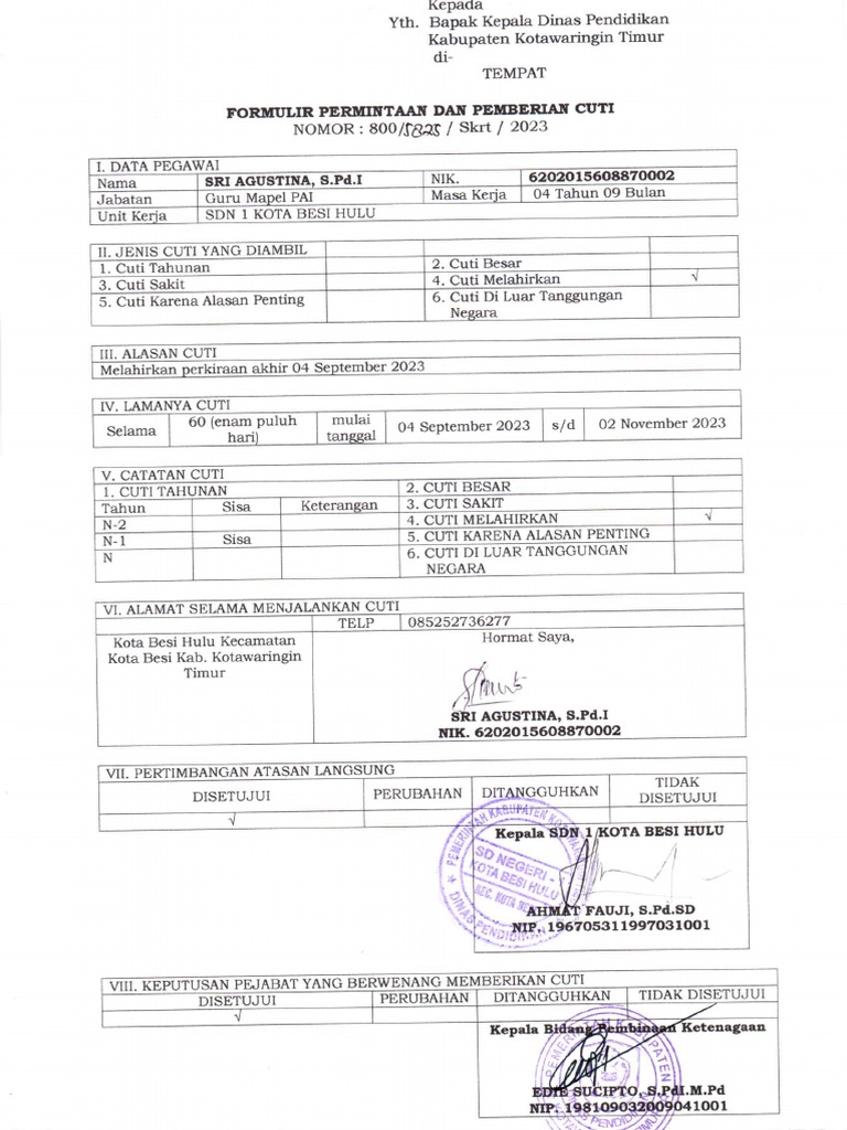 Surat Cuti Melahirkan Sri Agustina | PDF