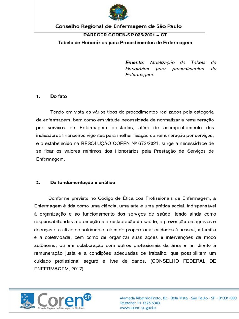 Tabela de honorários coren sp | PDF | Enfermagem | Remédio