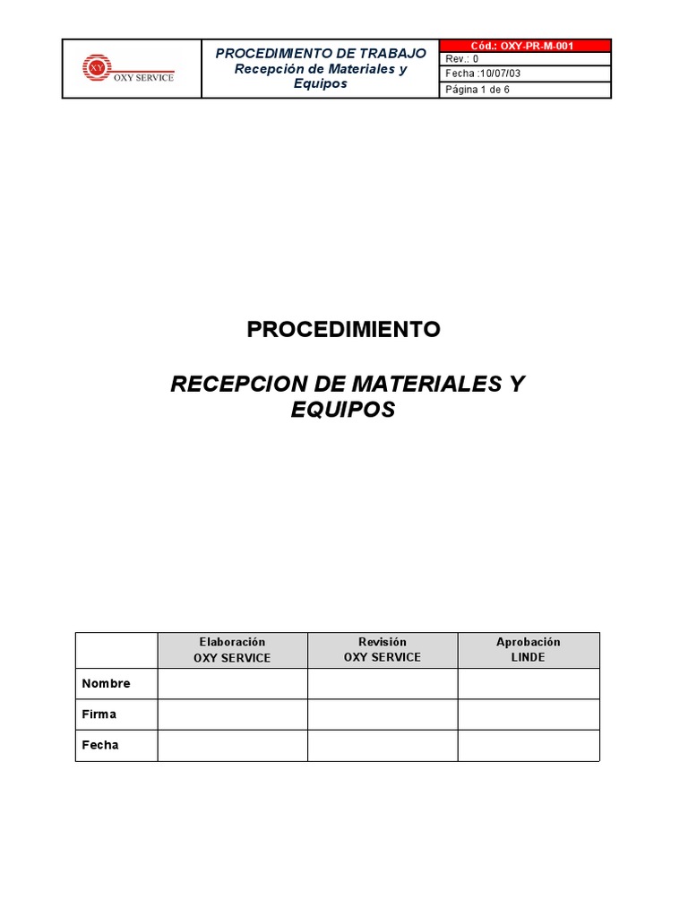 OXY-PR-M-001 (Recepcion de Materiales y Equipos) | PDF