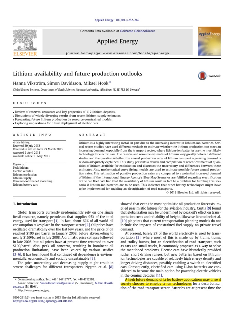 2013 Lithium Availability and Future Production Outlooks | PDF