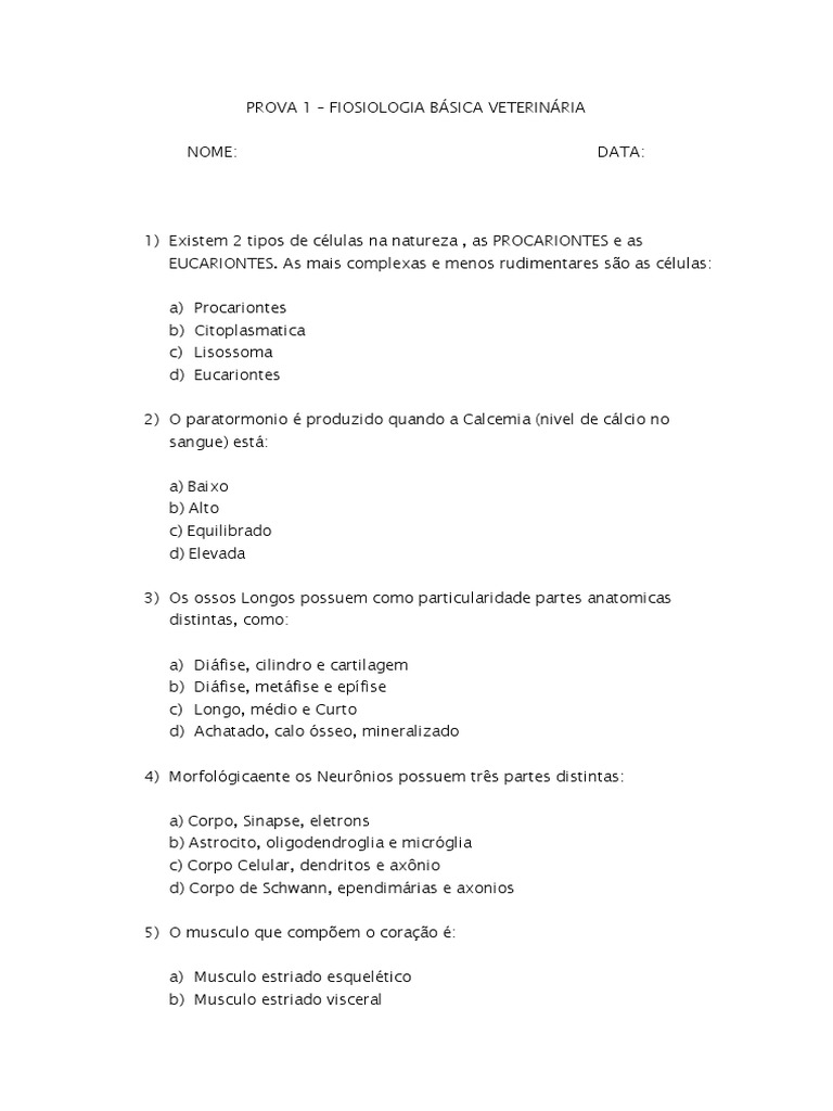 Prova 1 Fisiologia Veterinária | PDF