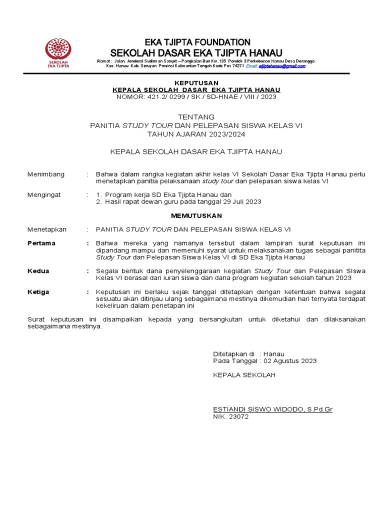 SK Panitia Study Tour Dan Pelepasan Siswa Kelas 6 2324 | PDF