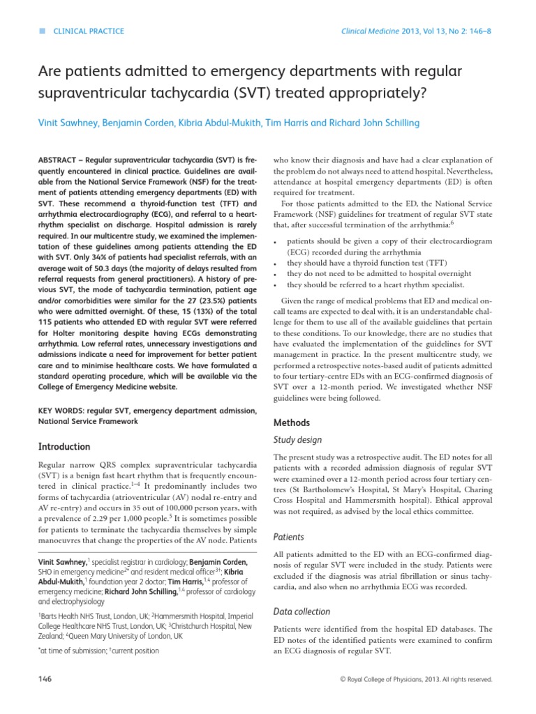 Are Patients Admitted To Emergency Departments With Regular Supraventricular Tachycardia (SVT ...