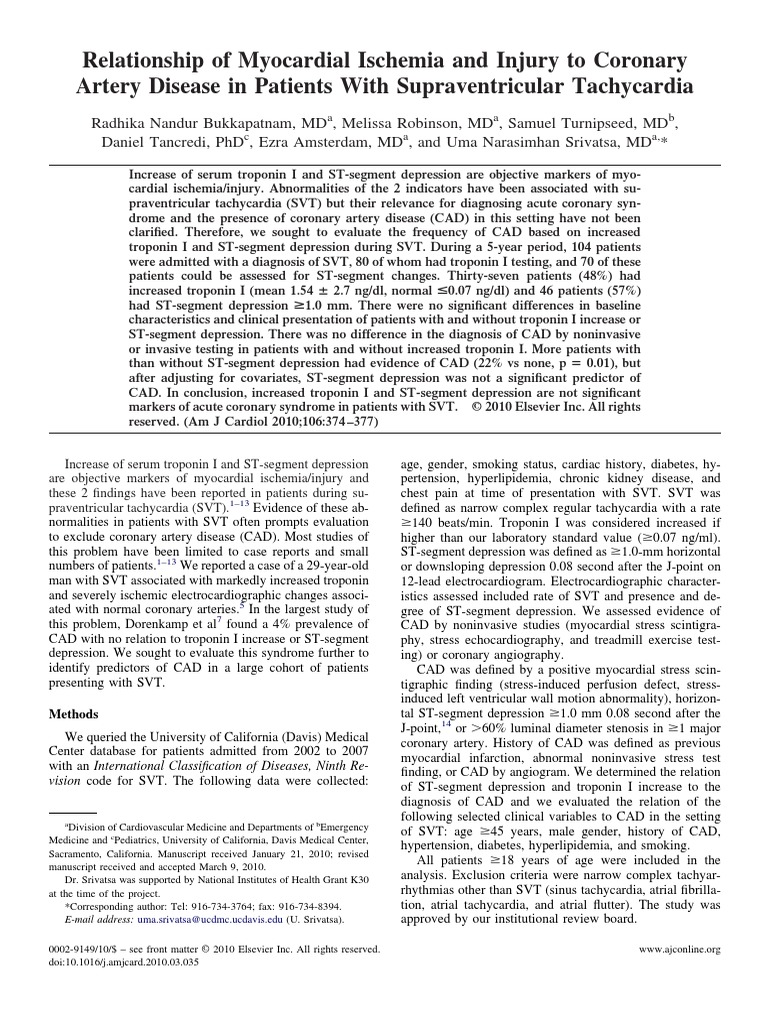 Relationship of Myocardial Ischemia and Injury to Coronary Artery ...
