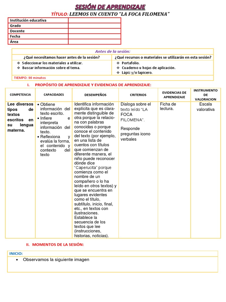 Sesión de Aprendizaje Leemos Un Cuento La Foca Filomena - 28 de Agosto | PDF | Aprendizaje ...
