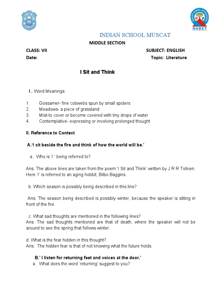 Class 7 - I Sit and Think - Notes-1 | PDF