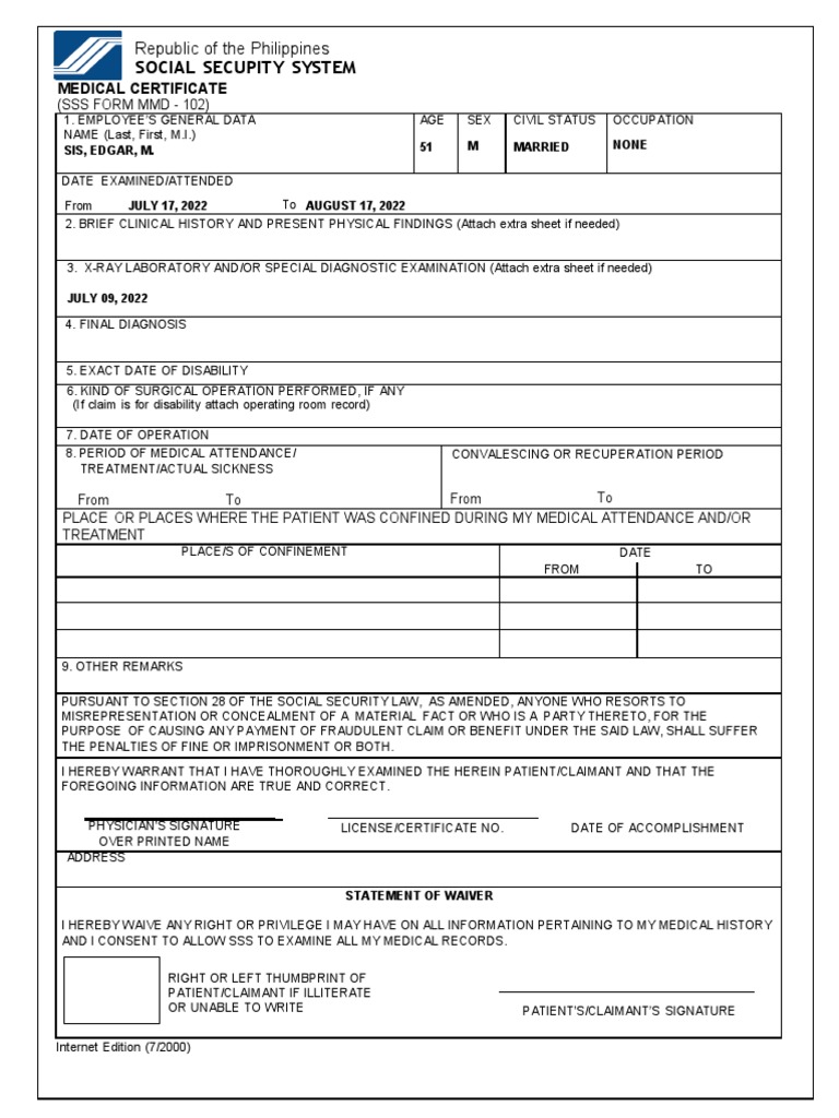 SSSForms Medical Certificate | PDF
