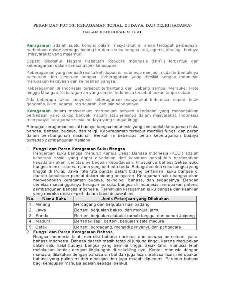 Peran Dan Fungsi Keragaman Sosial, Budaya Dan Religi Dalam Kehidupan Sosial | PDF